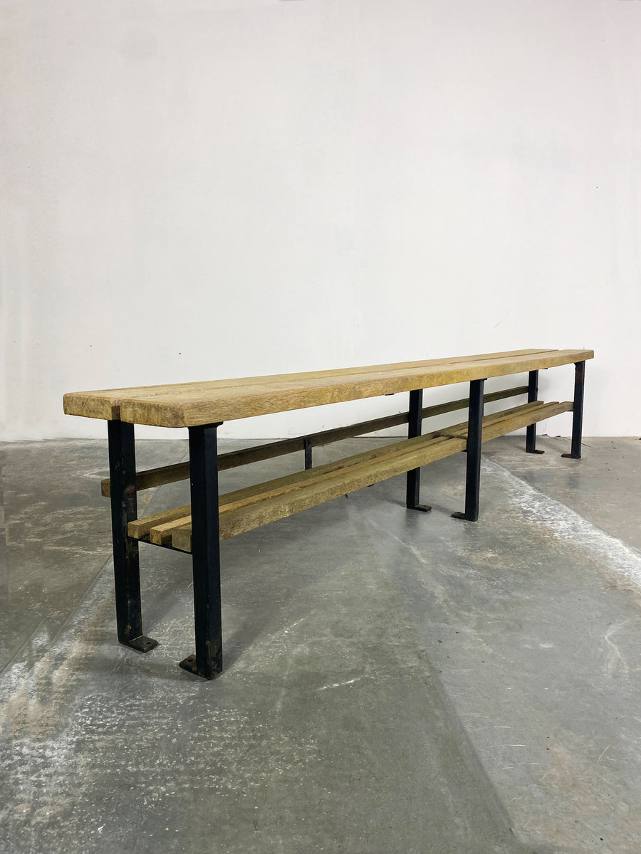 Vintage Teak & Metal School Bench with Shoe Storage