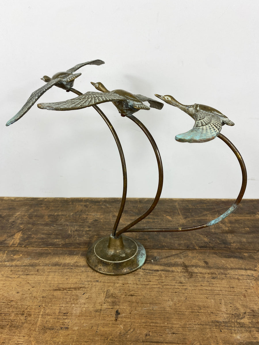 Vintage Decorative Mid Century Brass Geese in Flight Sculpture